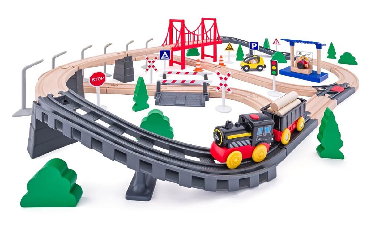 Circuit de train en bois avec locomotive à piles, 80 pièces - banaby.fr